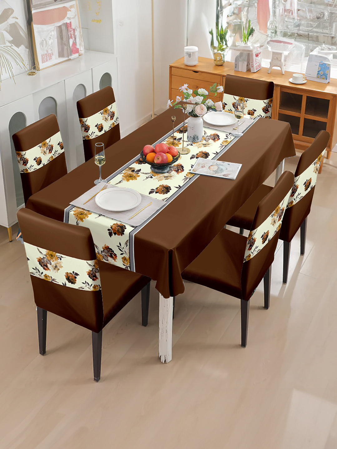 Stretchable Printed Table Cover & Dining Chair Cover Set Dark Brown ...