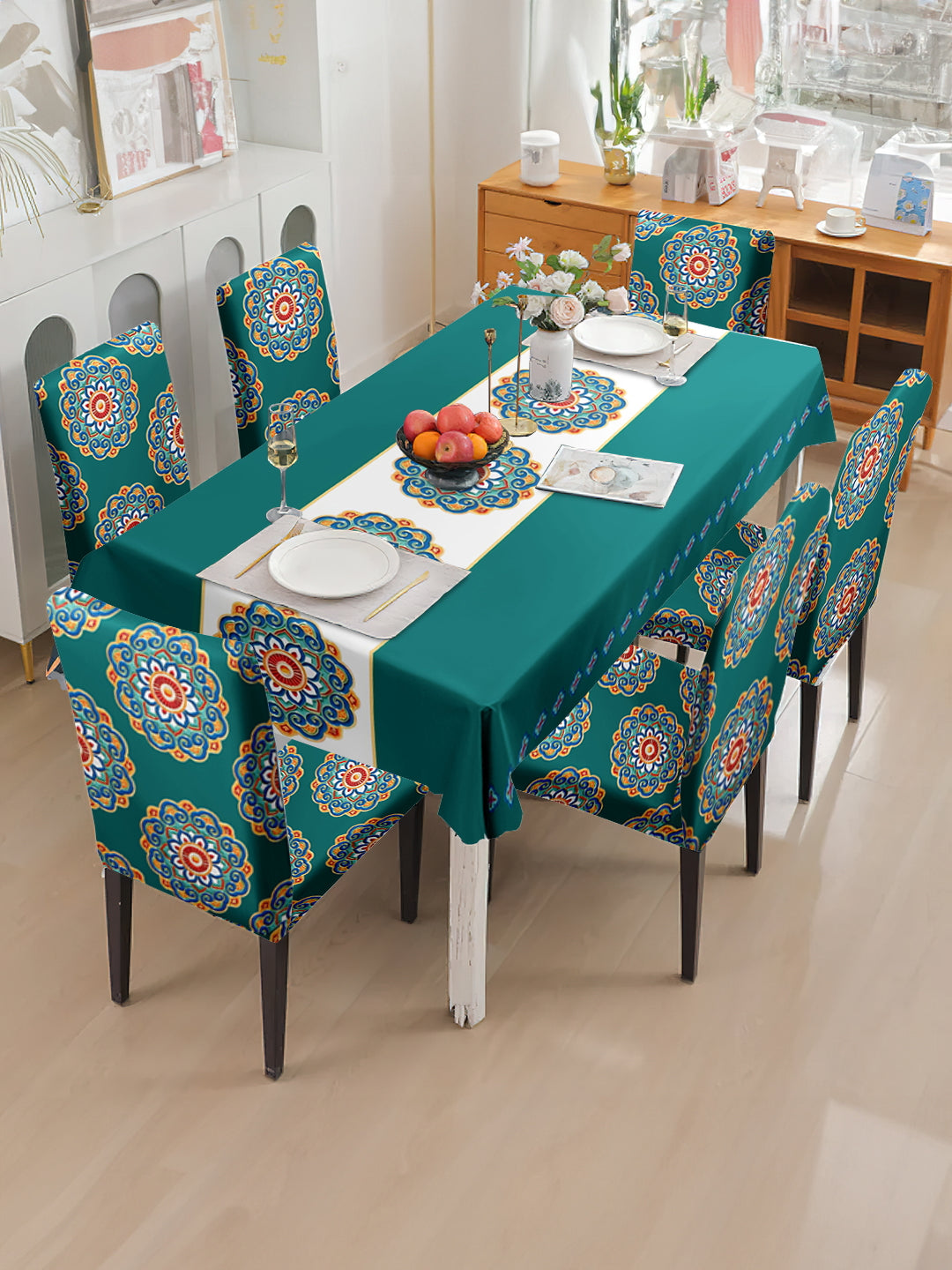 Stretchable Printed Table Cover & Dining Chair Cover Set green – CORTINA