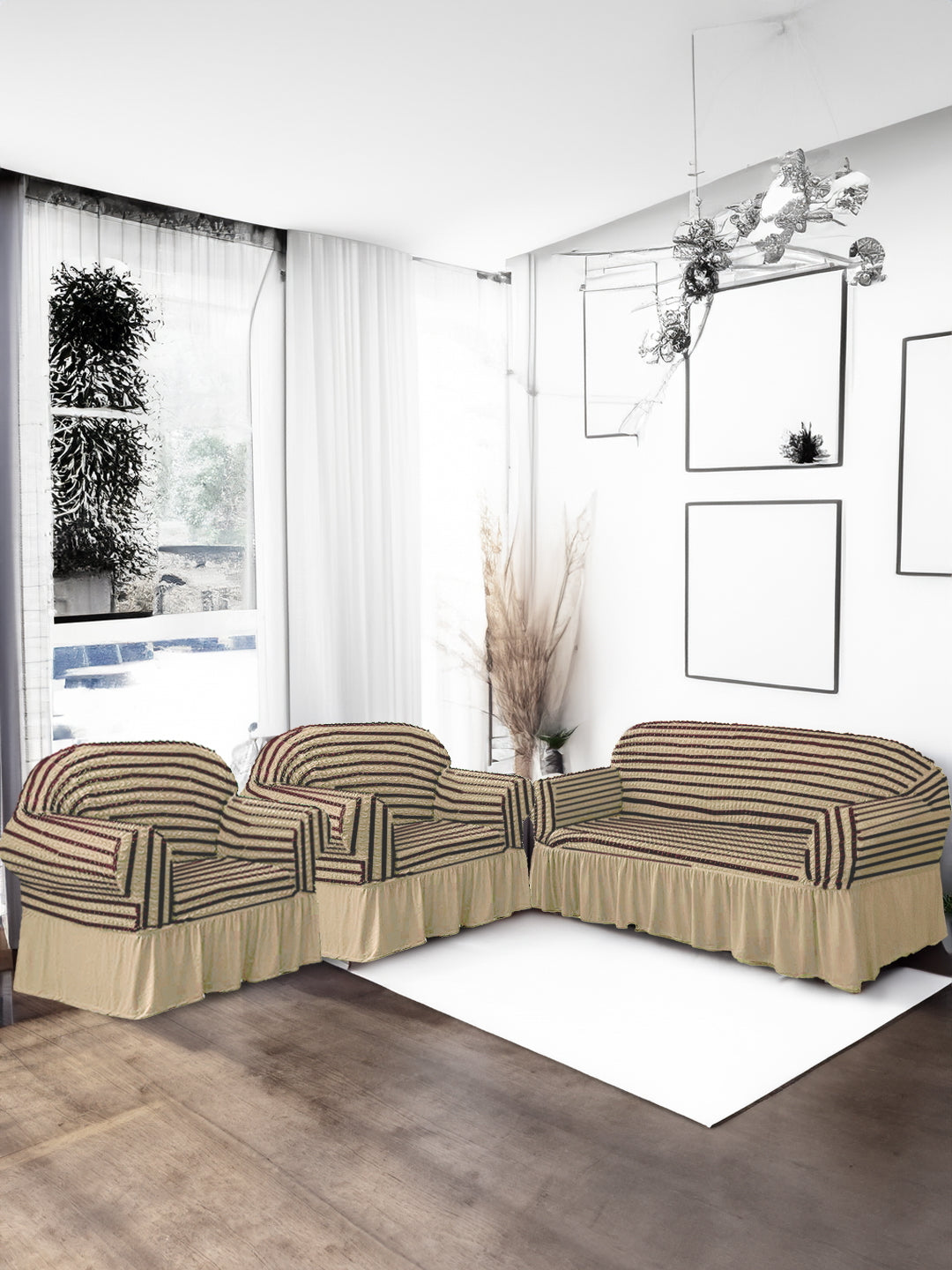 Elastic Stretchable Frill 3 Seater Combo Sofa Cover-Cream – CORTINA