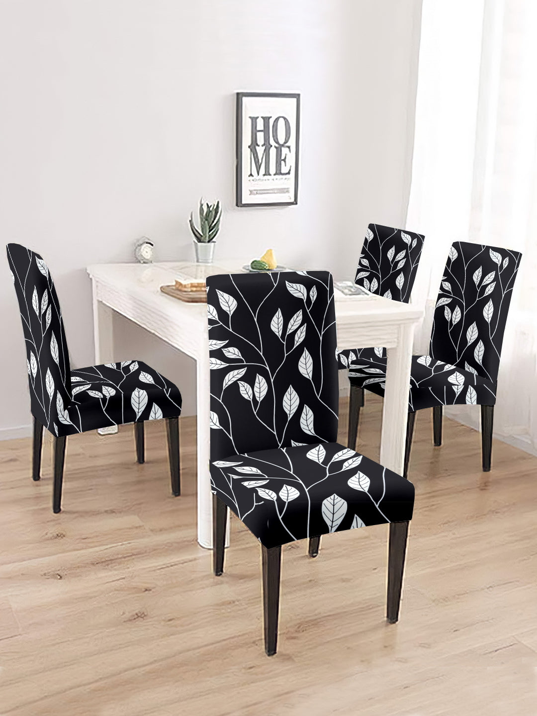 Elastic Floral Printed Non-Slip Dining Chair Covers Set of 4 - Black ...
