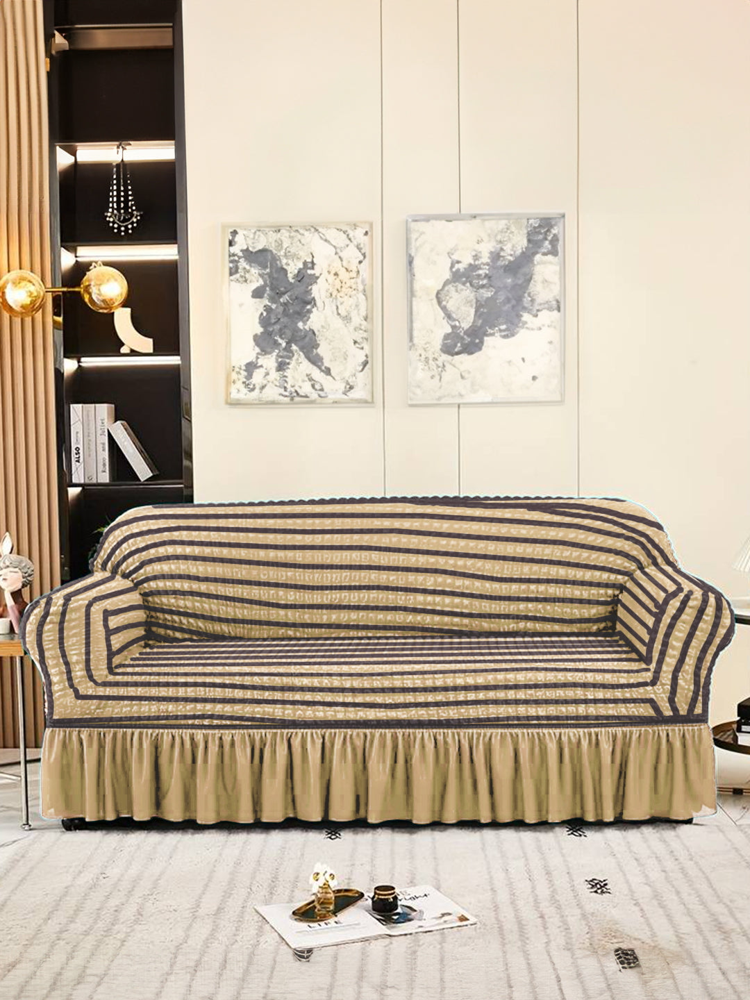 Elastic StretchableFrill 3 Seater Sofa Cover-Cream – CORTINA
