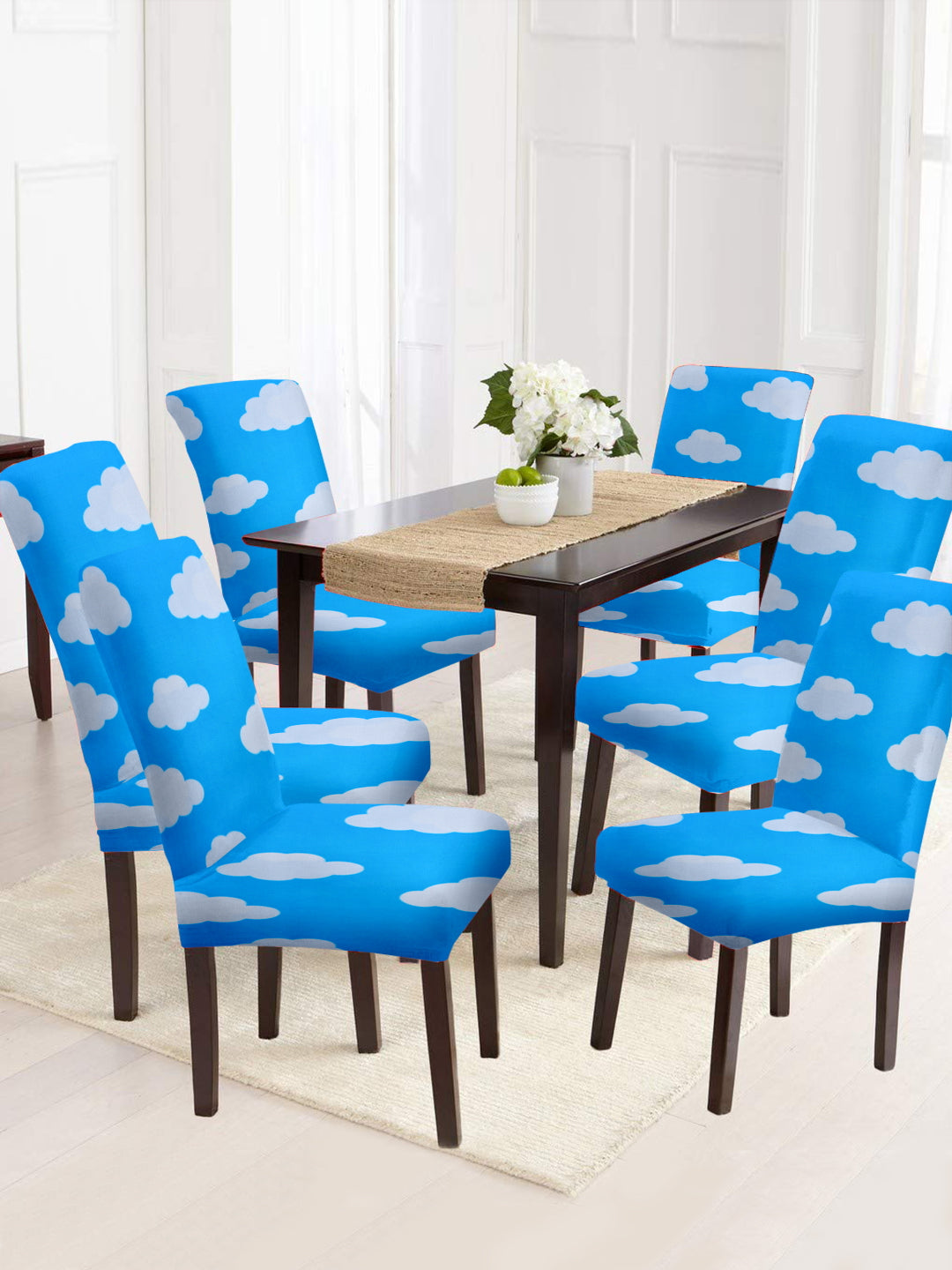 Stretchable DiningPrinted Chair Cover Set-6 Blue & White – CORTINA