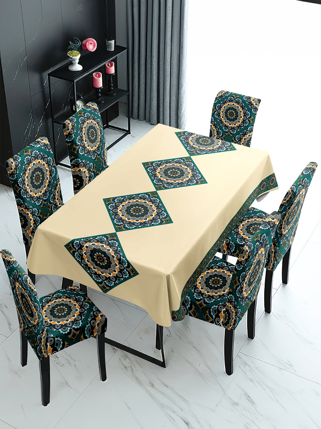 Stretchable Printed Table Cover & Dining Chair Cover Set Beige – CORTINA