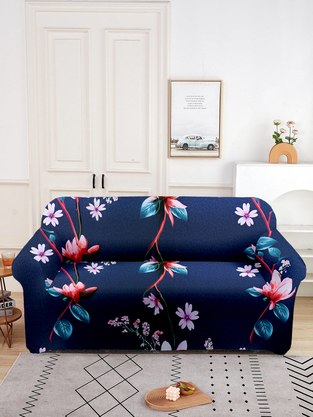 ElasticFloral Printed Sofa Cover 2 Seater-Blue – CORTINA