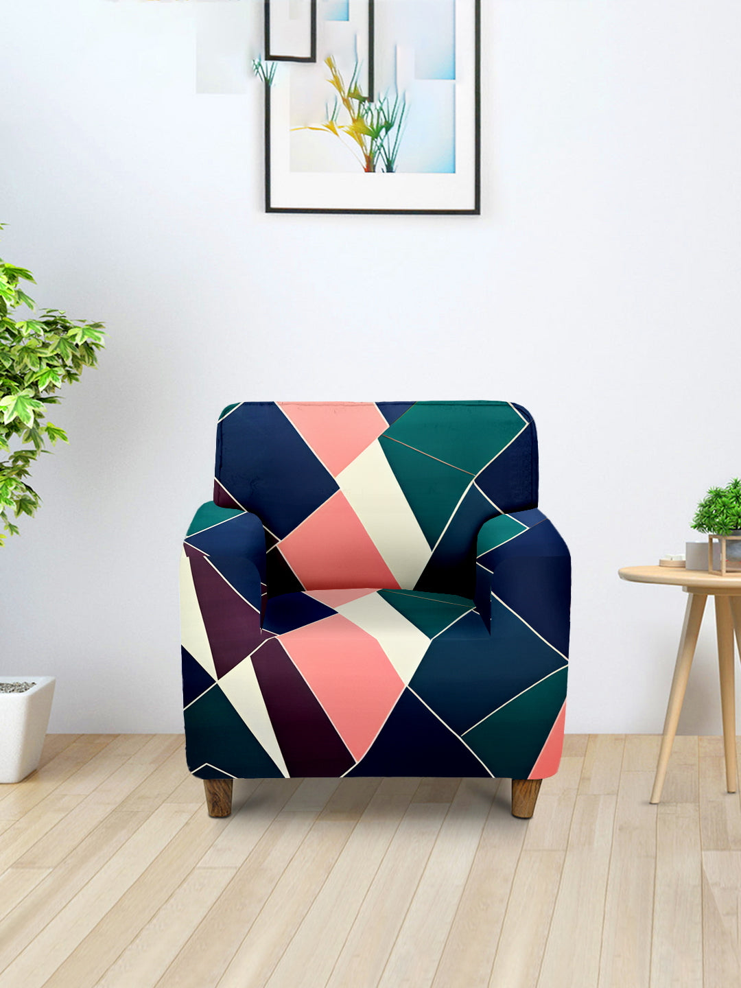 ElasticGeometric Printed Sofa Cover 1 Seater-Blue – CORTINA