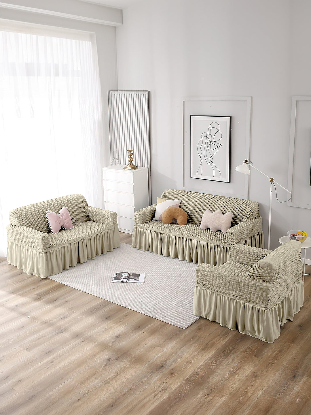 Elastic StretchableFrill 3 Seater Combo Sofa Cover-Cream – CORTINA